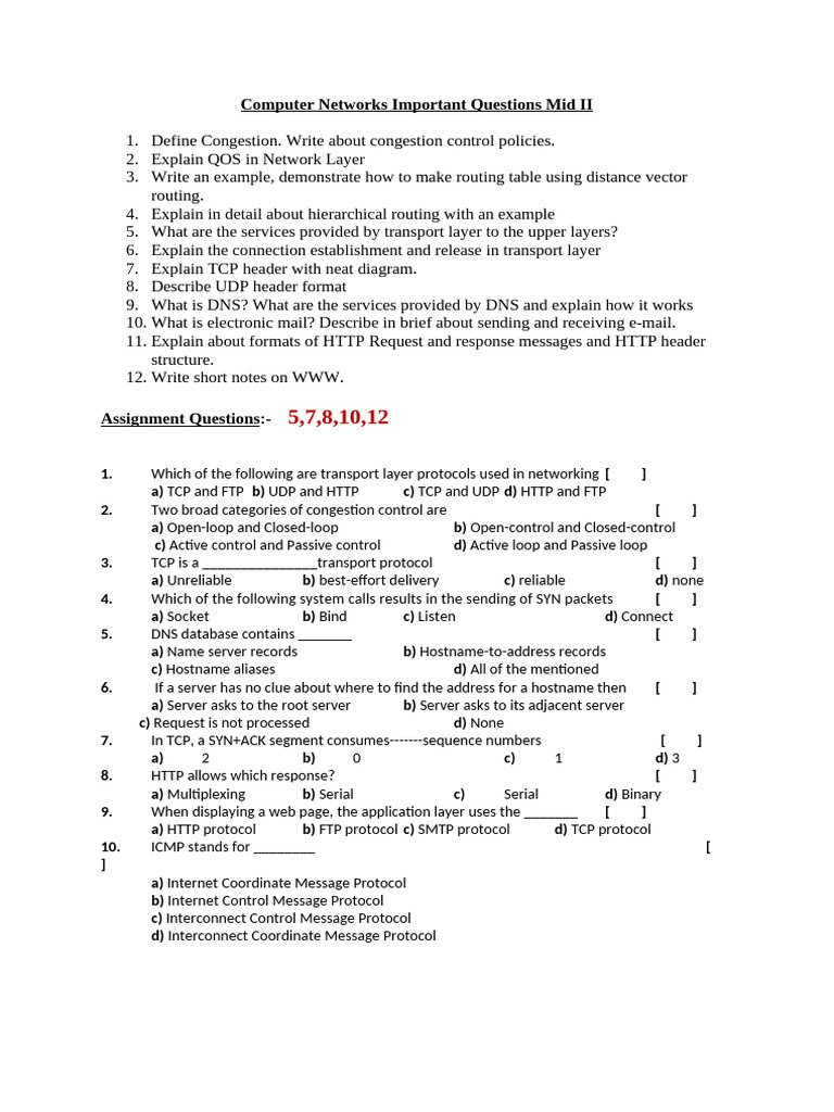 Computer Networks Important Questions Mid II | PDF | Transmission ...