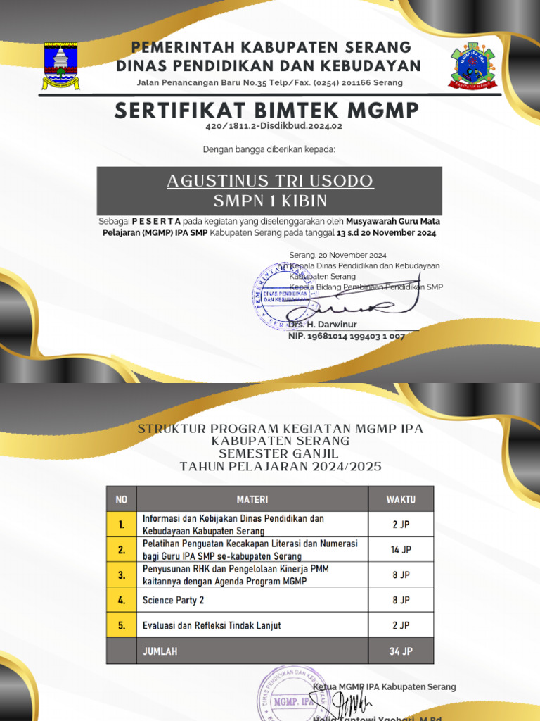 SERTIFIKAT BIMTEK MGMP GANJIL 2024-2025-2 | PDF