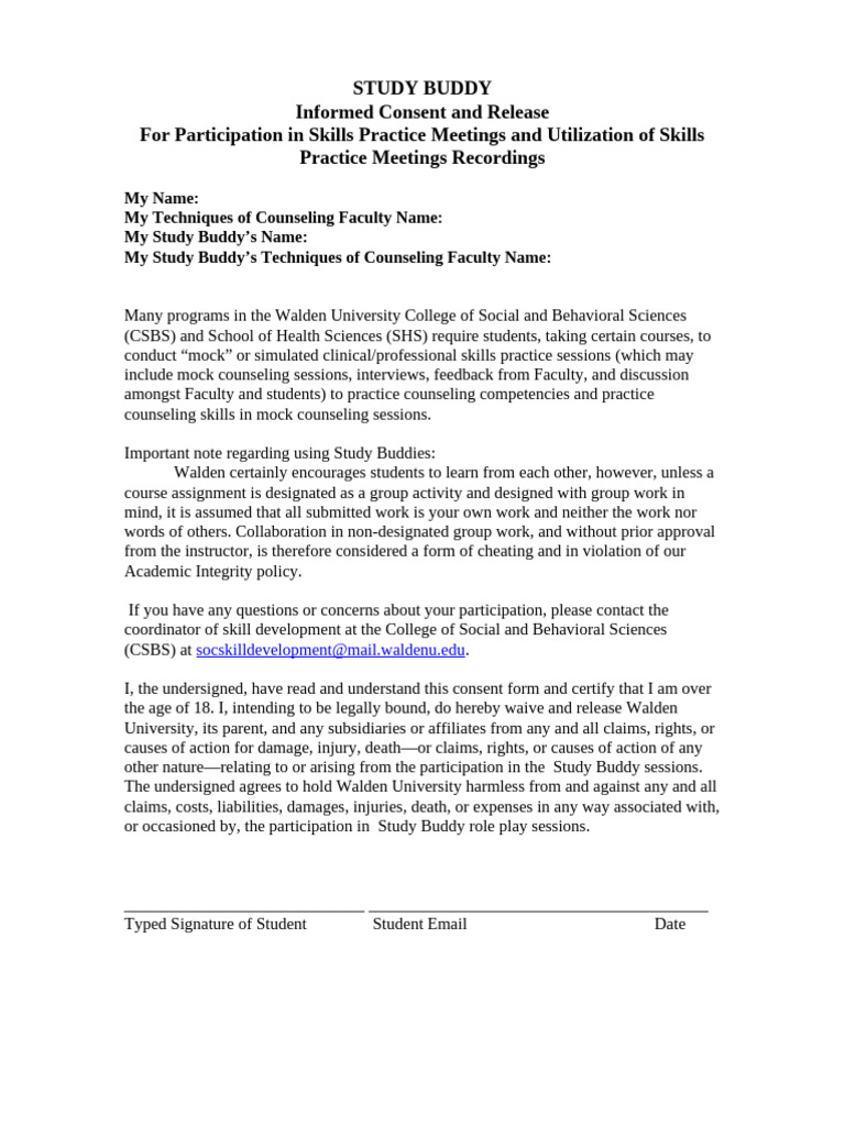 Study Buddy and Virtual Practice Consent Forms (Word Document) | PDF ...