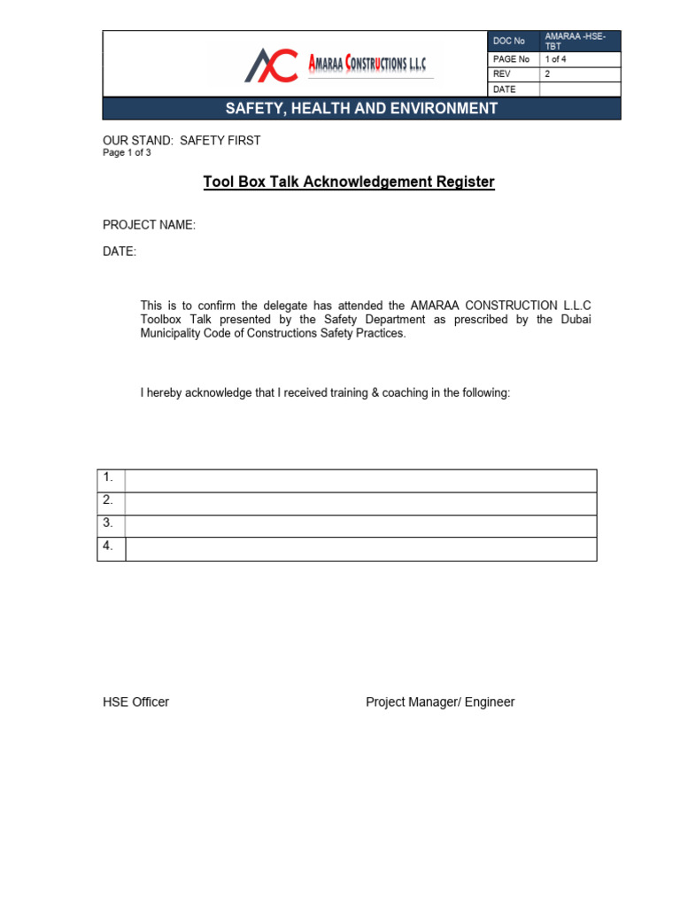 Tool Box Talk Acknowledgement Register: Safety, Health and Environment ...
