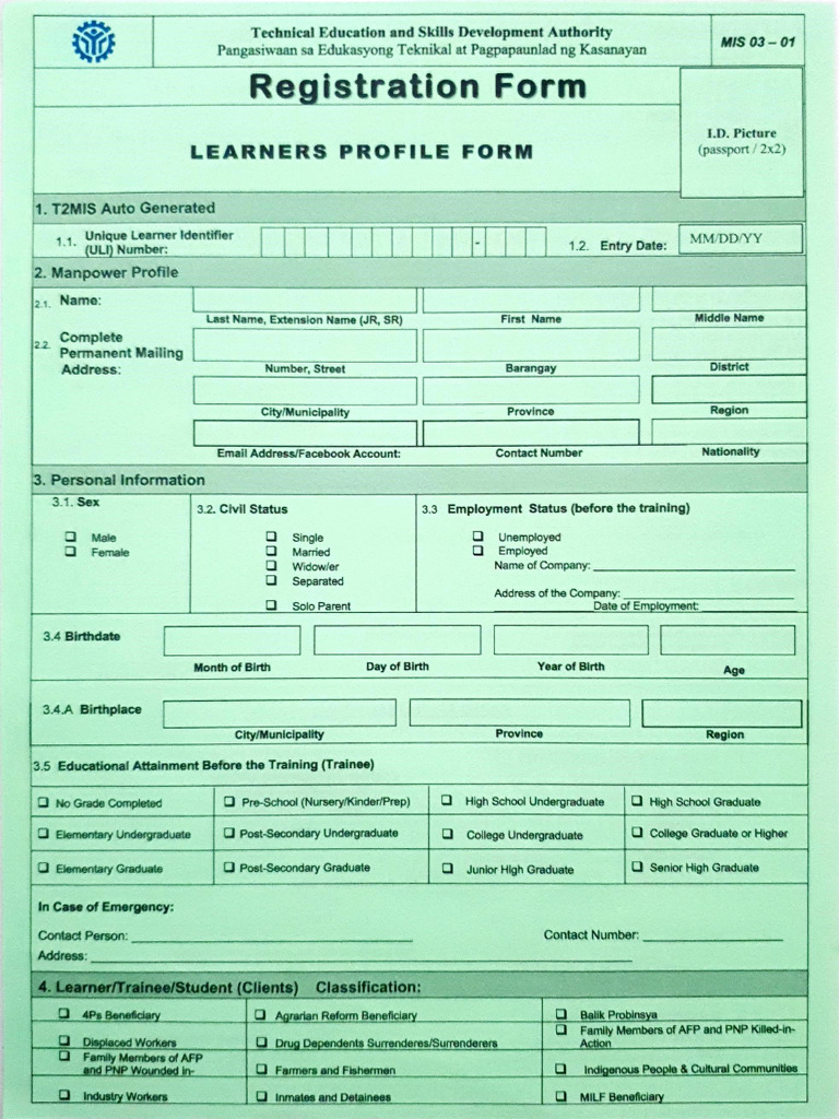 TESDA Learner Registration Form | PDF | Educational Stages