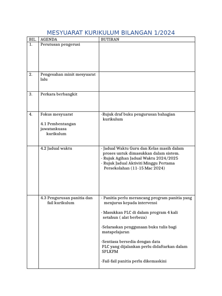 Mesyuarat Kurikulum Bilangan 1 2024 | PDF