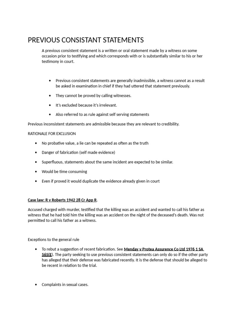 Law of Evidence Previous Consistent Statements | PDF | Witness ...