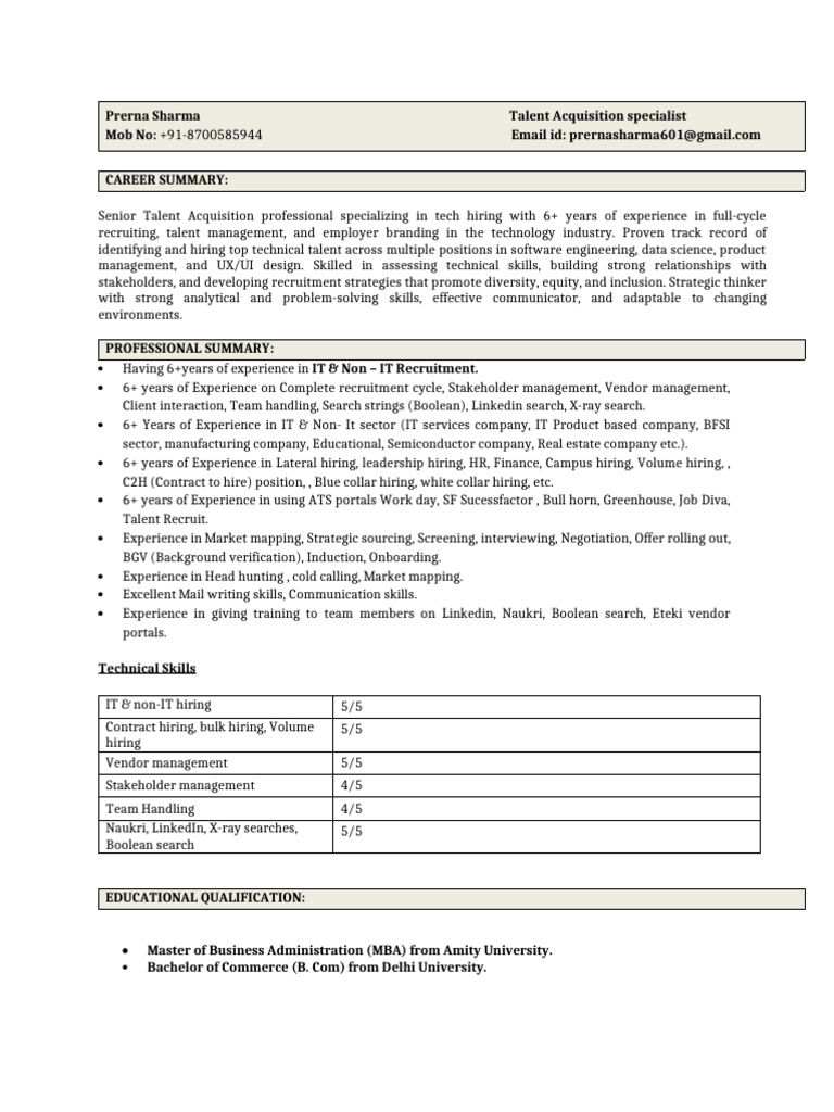 Resume - Prerna Sharma (IT & Non - IT) | PDF | Recruitment | Business