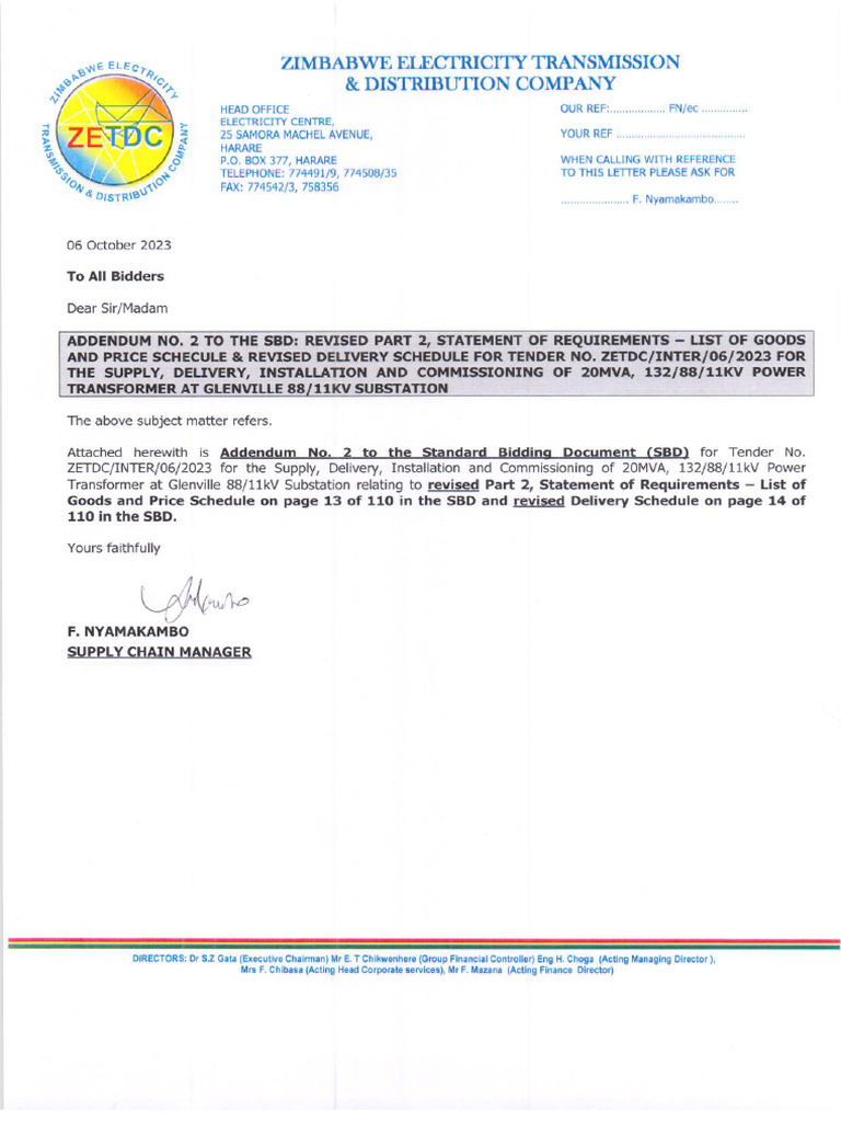 Addendum No. 2 To SBD Revised Part 2 Statement of Requirements List of Goods and Price Schedule ...