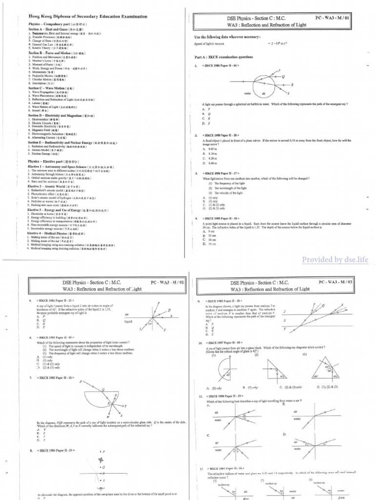 DSE Physics Reflection & Refraction of Lights | PDF