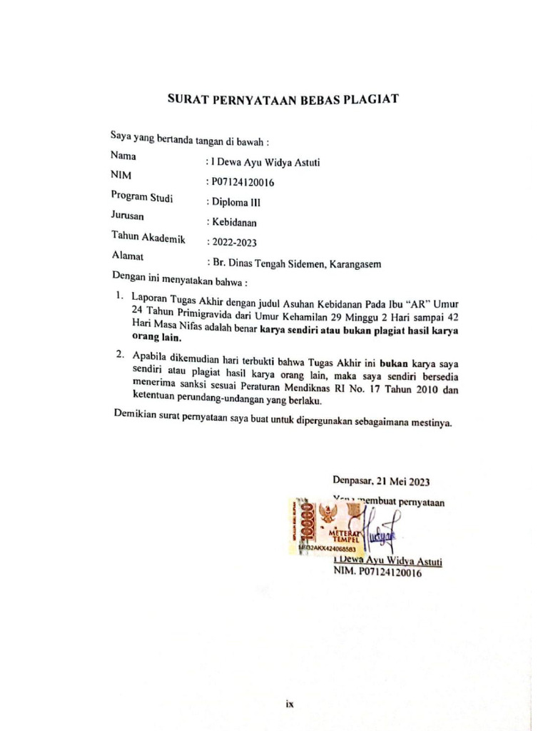 Surat Pernyataan Bebas Plagiat | PDF