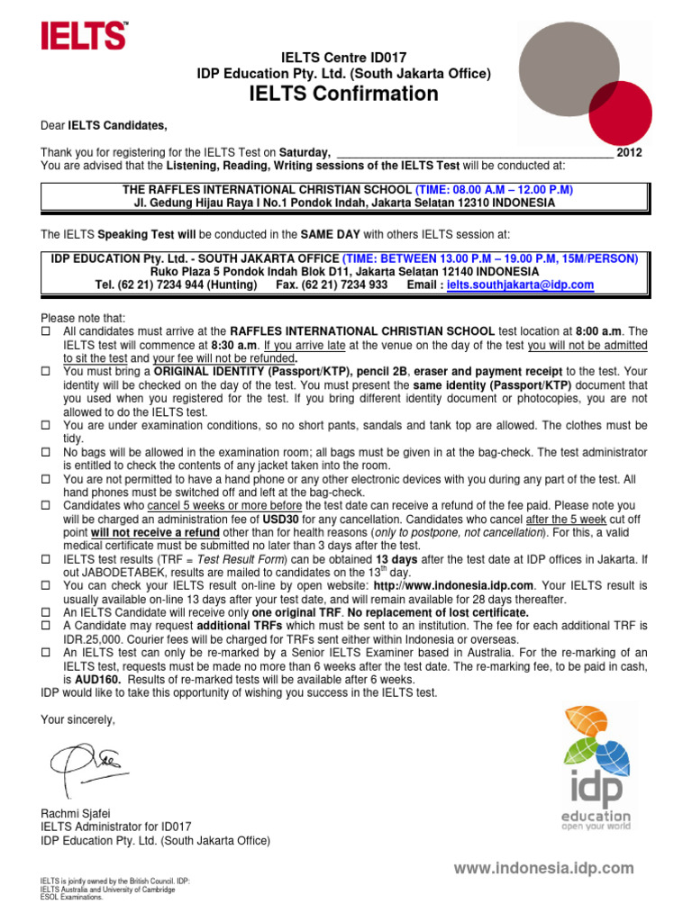 IELTS Confirmation 2012 - IDP Indonesia - IDP Education | PDF | International English Language ...