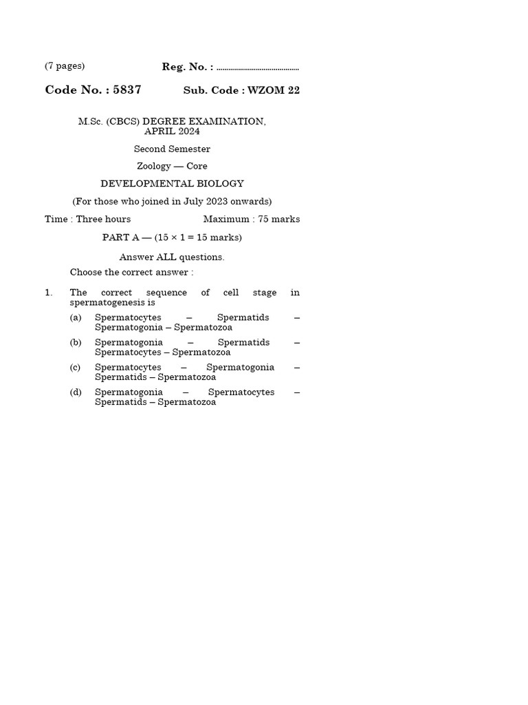 Developmental Biology Exam April 2024 | PDF | Meiosis | Sperm