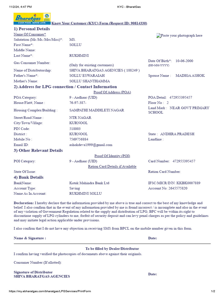 LPG KYC Form for BharatGas Users | PDF | Authentication | Access Control