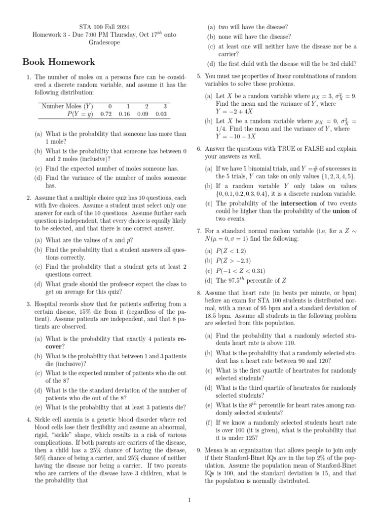 Probability and Statistics Homework | PDF | Variance | Random Variable