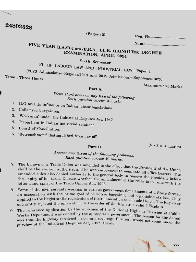 Labour Law 1 Question Paper | PDF
