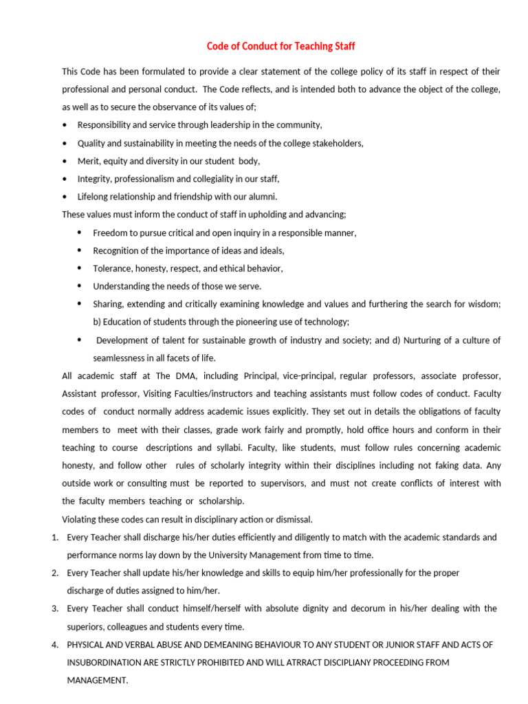 Code of Conduct For Teaching Staff | PDF | Teachers | Discrimination