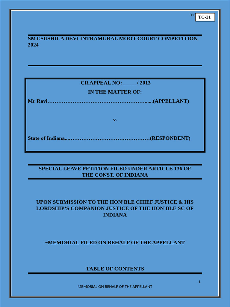 Appealant Memorial TC 21 | PDF | Appeal | Violence