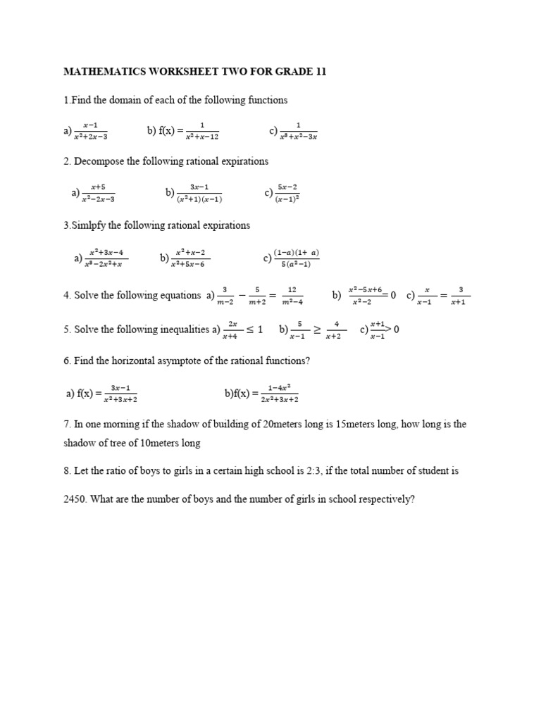 Grade 11 Math Worksheet: Functions & Equations | PDF