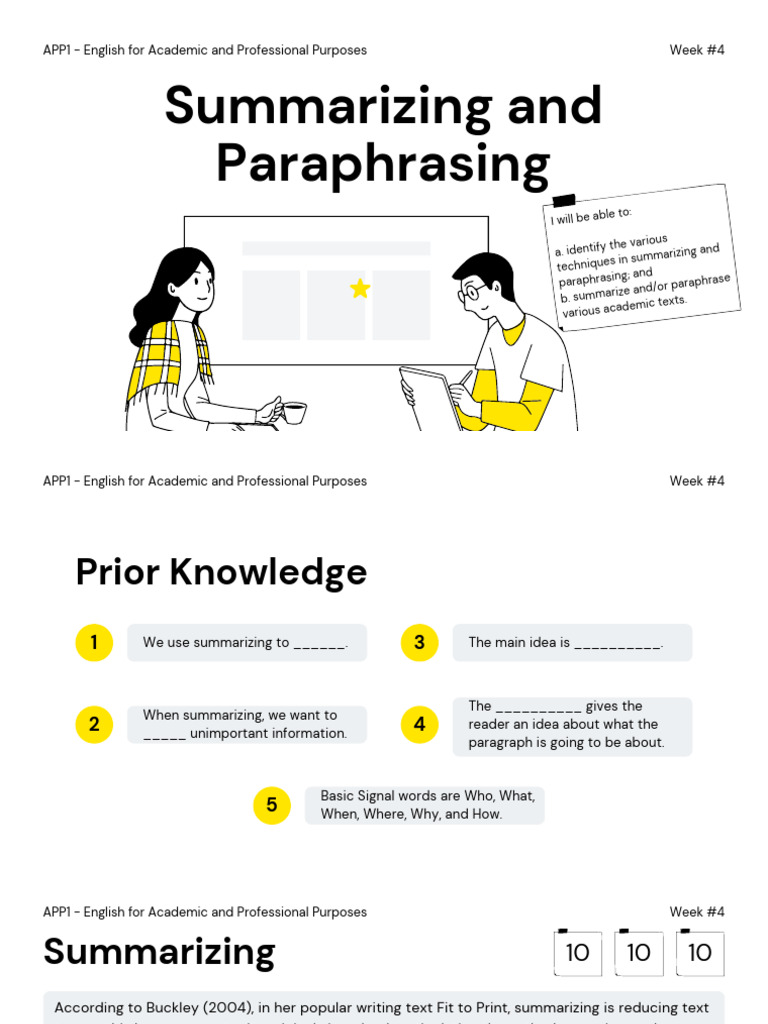 APP1 Q1 W6.2 Summarizing and Paraphrasing | PDF | Human Communication | Cognition