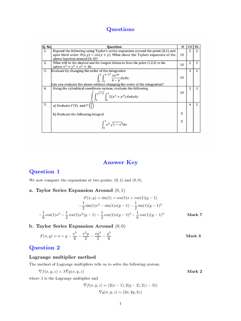 Answer_Key | PDF | Mathematical Analysis | Calculus