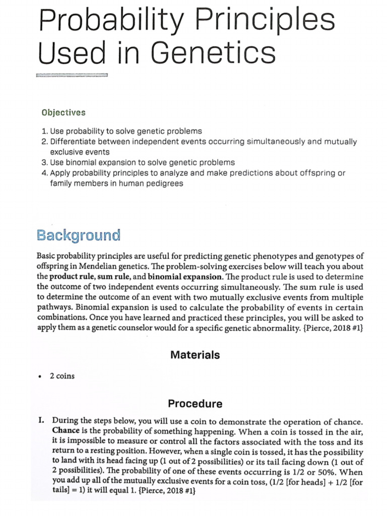 1 - Lab Manual - Probability Principles Used in Genetics | PDF