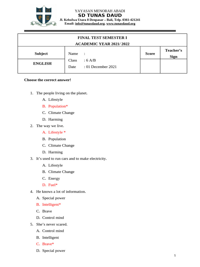 English Final Test for Grade 6 | PDF