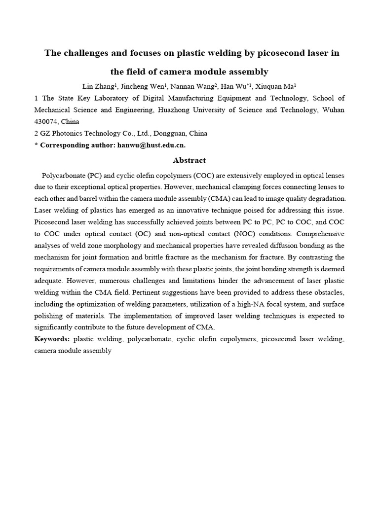 Picosecond Laser Welding in Camera Modules | PDF | Laser | Welding