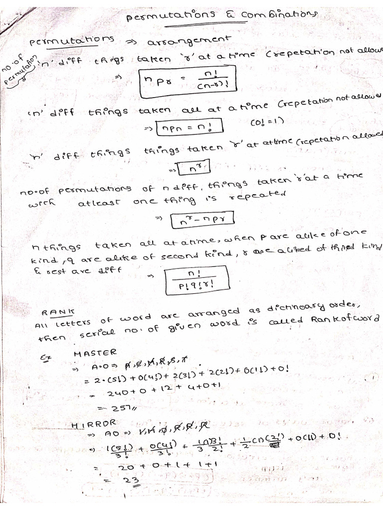 Permutations and Combinations Formula Sheet | PDF