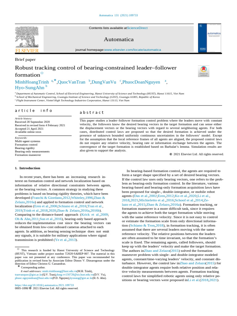 Robust Tracking Control of Bearing-Constrained Leader-Follower | PDF | Eigenvalues And ...