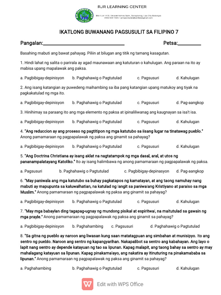 Third Monthly Assessment in Filipino 7 | PDF