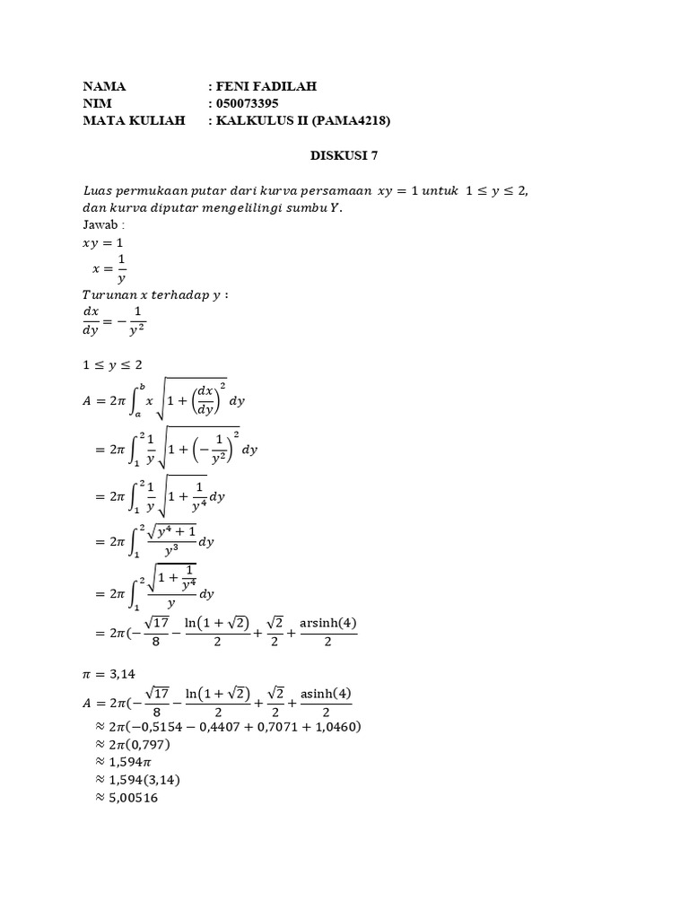 Feni Fadilah 050073395 - Diskusi 7 Kalkulus Ii | PDF