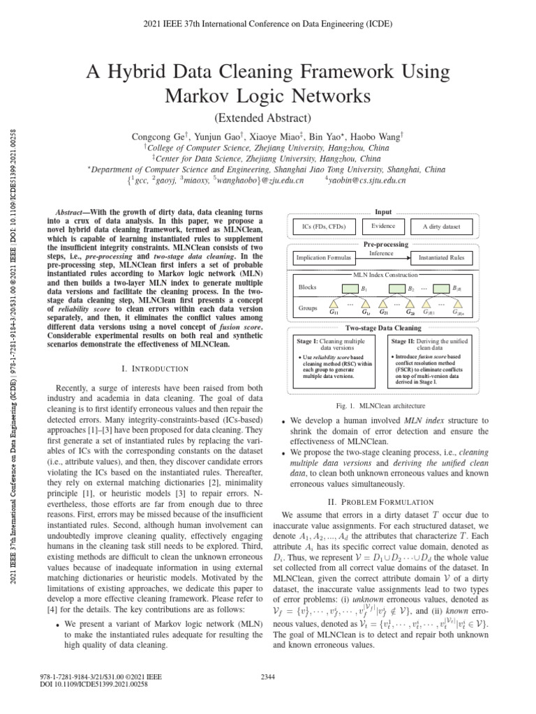 A Hybrid Data Cleaning Framework Using Markov Logic Networks Extended Abstract Pdf Data