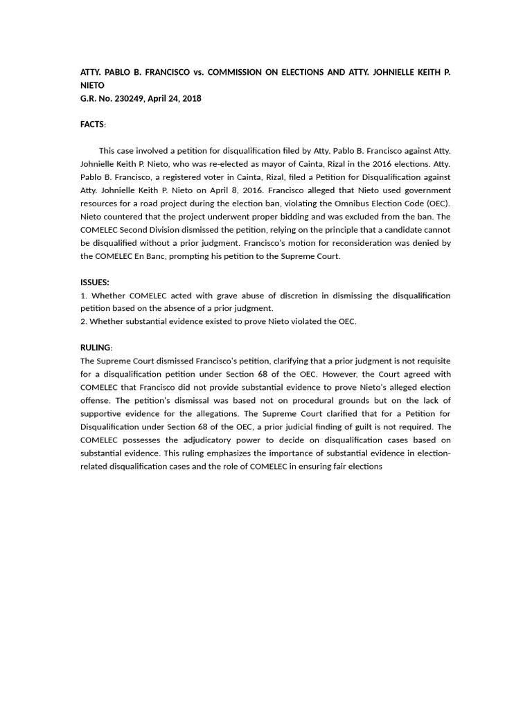 15 - ATTY. PABLO B. FRANCISCO vs. COMMISSION ON ELECTIONS | PDF