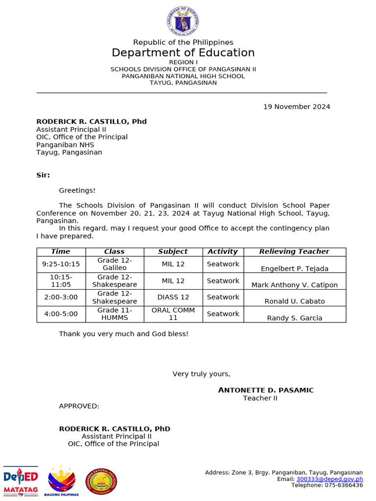 Contingency Plan and Letter | PDF
