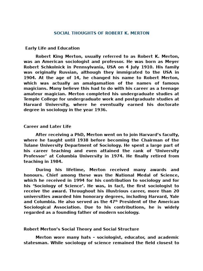 Social Thoughts of Robert K. Merton | PDF | Theory | Deviance (Sociology)