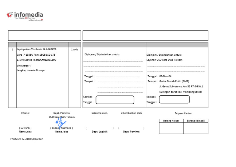 Form Surat Serah Terima Laptop Endang Kusmana Layanan OLO Care DWS Telkom (BA VERSI SECURITY) | PDF