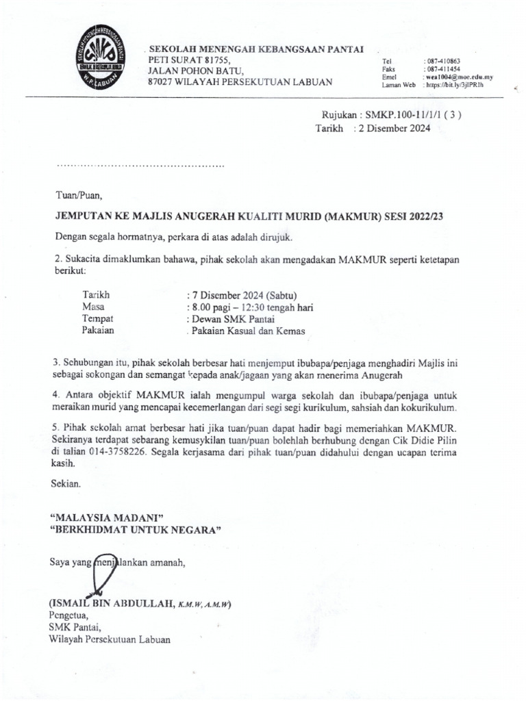 Surat Jemputan IbuBapa atau Penjaga Makmur 2024 | PDF