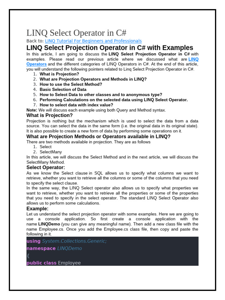 LINQ Select Operator in C | PDF | Language Integrated Query | C Sharp (Programming Language)