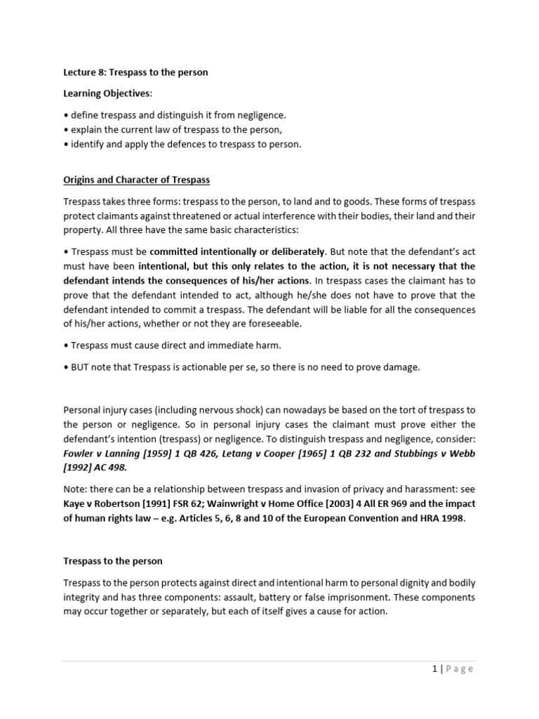 Understanding Trespass to the Person | PDF | Tort | Negligence
