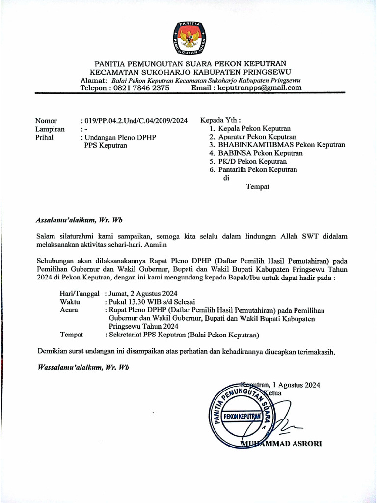Undangan Pleno DPHP PPS Keputran | PDF