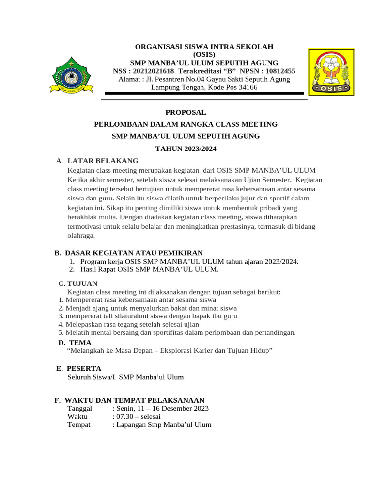 Proposal Class Meeting OSIS SMP 2023 | PDF