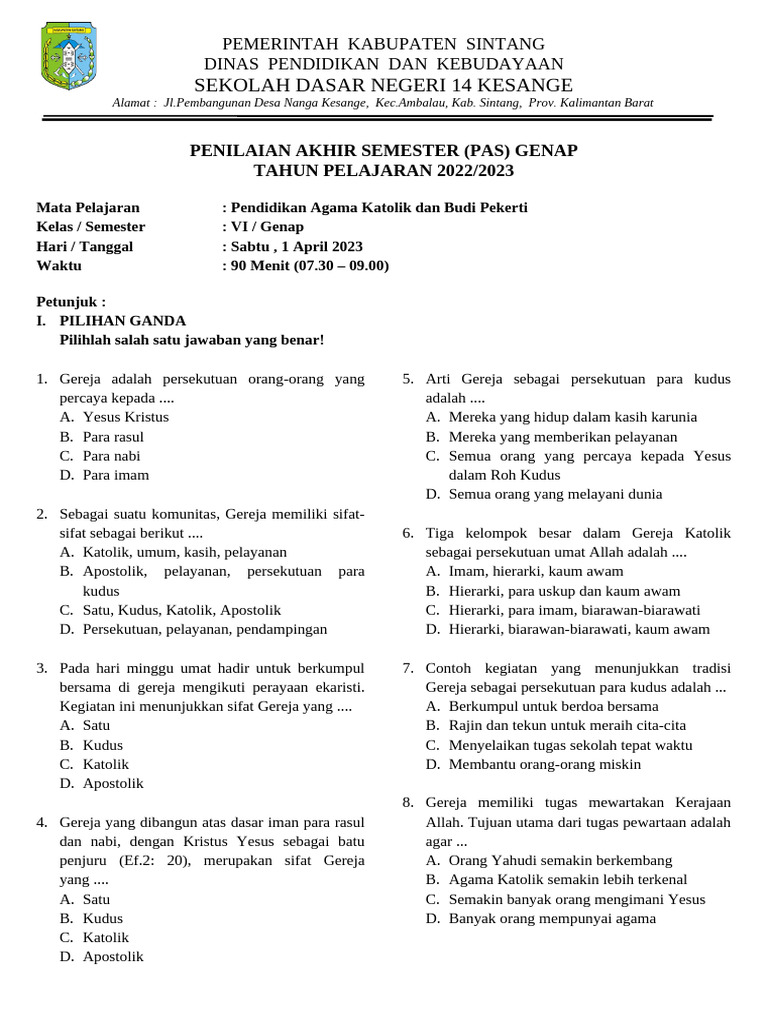 Soal PAS Kelas 6 Agama Katolik TP 2022-2023 | PDF
