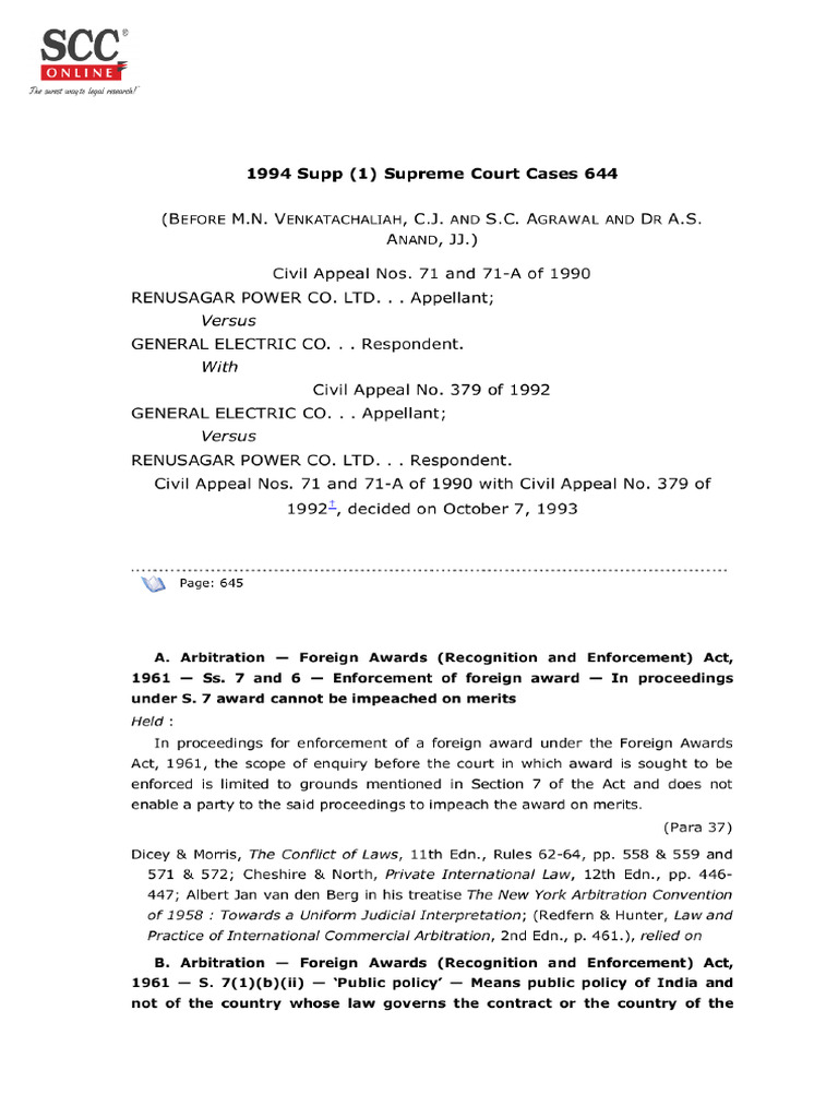 Renusagar Power Co. Ltd. v. General Electric Co., 1994 Supp (1) SCC 644 ...
