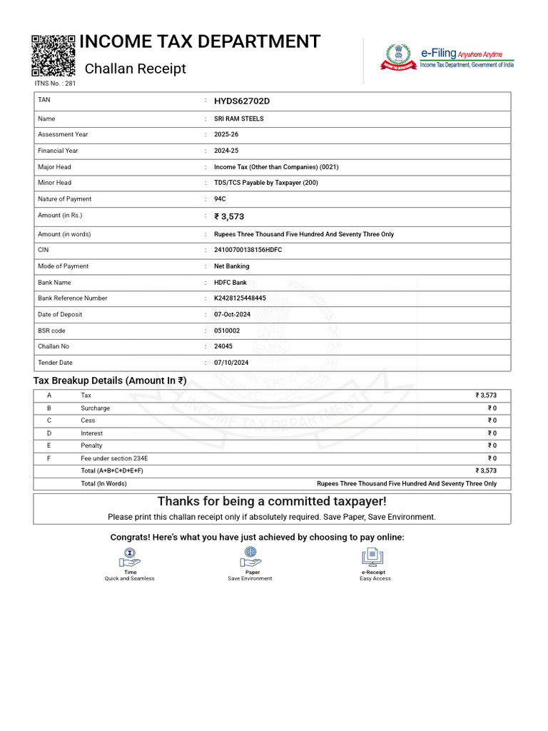 24100700138156HDFC ChallanReceipt | PDF | Taxes | Economies