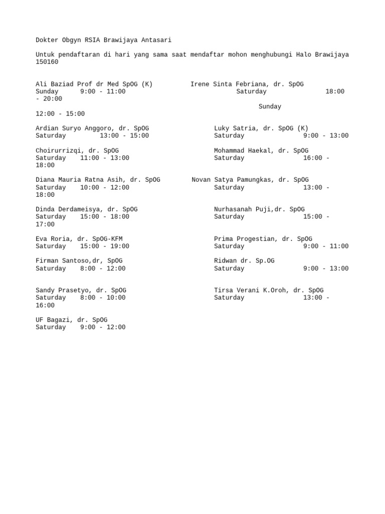 Jadwal Dokter Obgyn RSIA Brawijaya Antasari | PDF