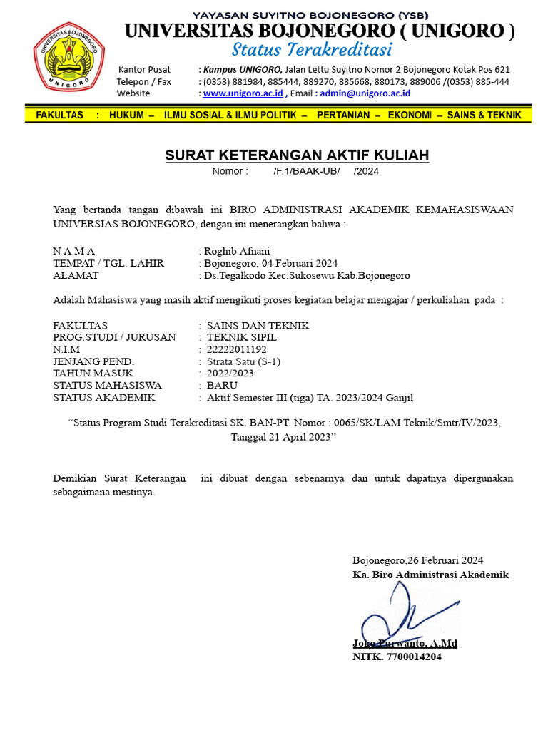 Surat Aktif Kuliah | PDF