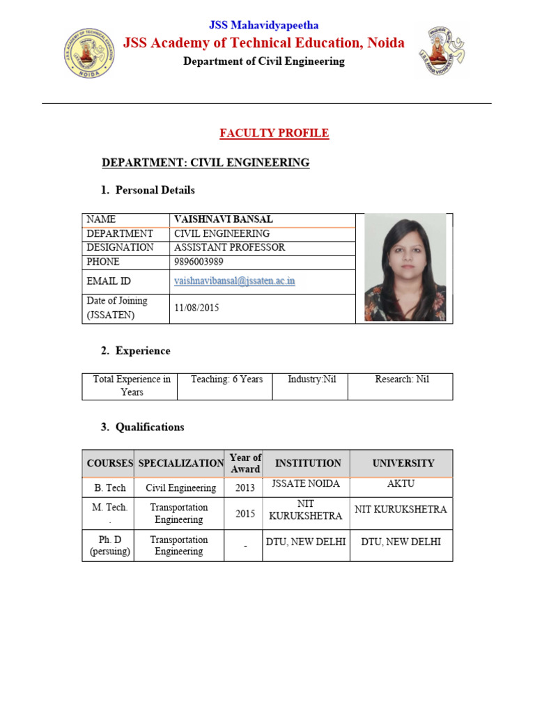 Jssaten Ce Profile Vaishnavi B | PDF | Doctor Of Philosophy