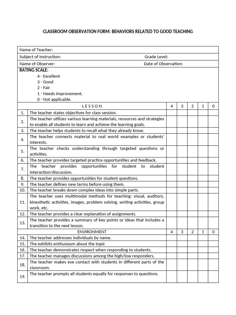 Classroom Observation Form | PDF | Teachers | Learning