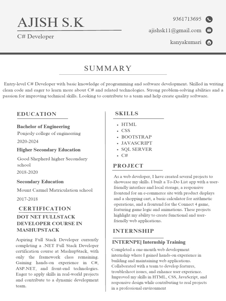 AJISH C# RESUME | PDF | World Wide Web | Internet & Web