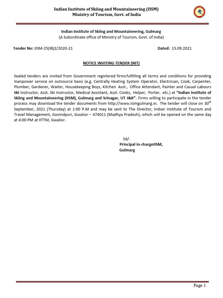 IISM Gulmarg Manpower Service Tender | PDF | Employment | Salary