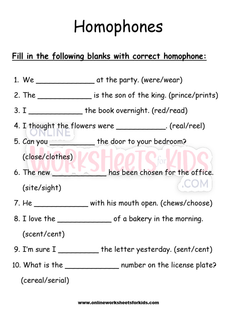 Homophones Worksheet 2 | PDF