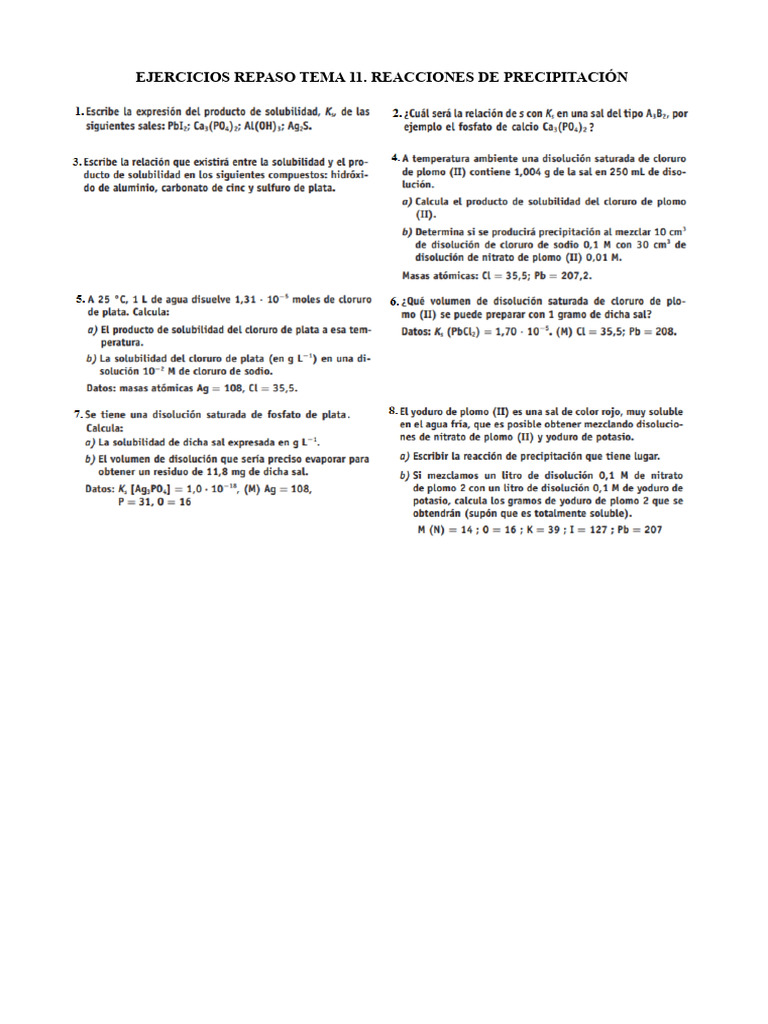 39 Ejercicios Repaso TEMA 9 Reacciones de Precipitacion | PDF