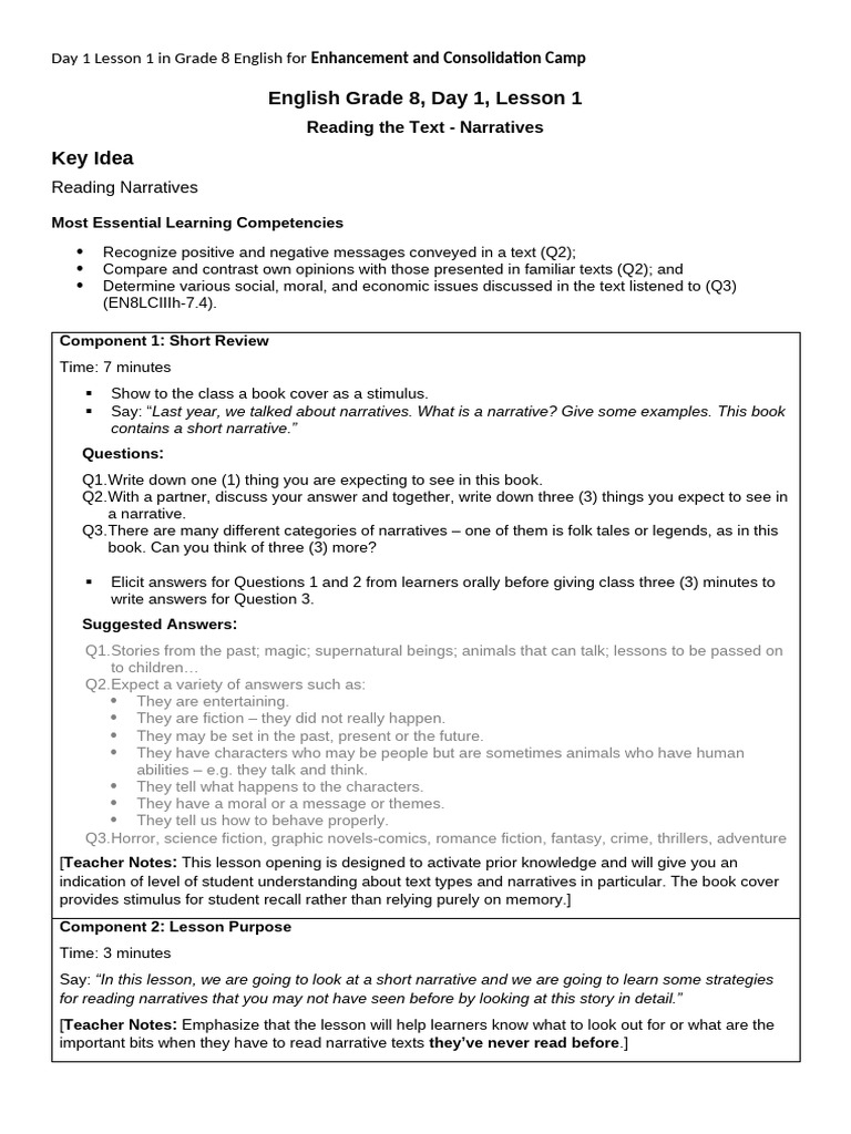 Day 1 Lesson Plans 1 - 2 in Grade 8 English For Enhancement and ...